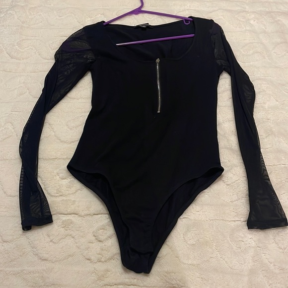 Tops | Black Front Zipper Bodysuit W Mesh Arms | Poshmark